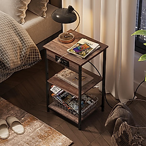 WLIVE Side Table with Charging Station and USB Ports, Small End Tables for Small Spaces, 3-Tier Nightstand with Adjustable Shelf, Bedside Tables, Living Room, Bedroom, Brown