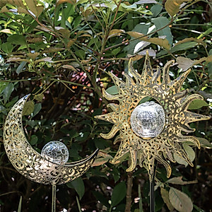 Solar Lights Outdoor Garden Decor,Waterproof Metal Sun Moon Decorative Stakes Crackle Globes Decoration for Walkway,Yard,Lawn,Patio(2 Pack)