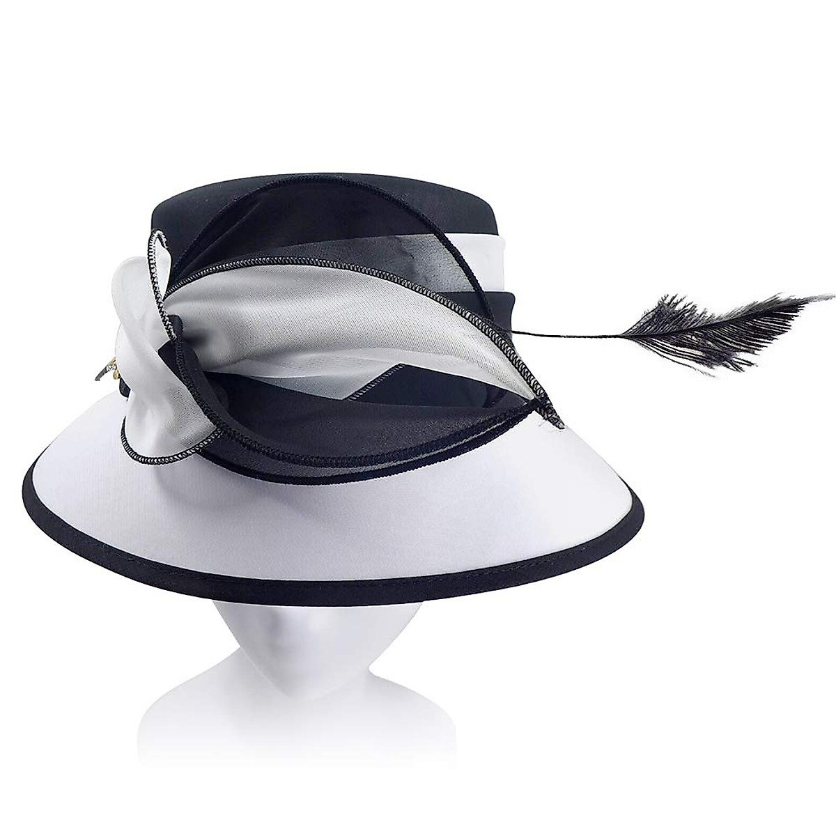 June's Young Women Church Hats Formal Dress Derby Hats with Feather Elegant Bucket Hats (Black/white)