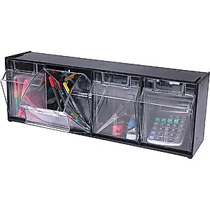deflecto Tilt Bin Interlocking Multi-Bin Storage Organizer, 4 Sections, 23.63" X 6.63" X 8.13", Black/Clear