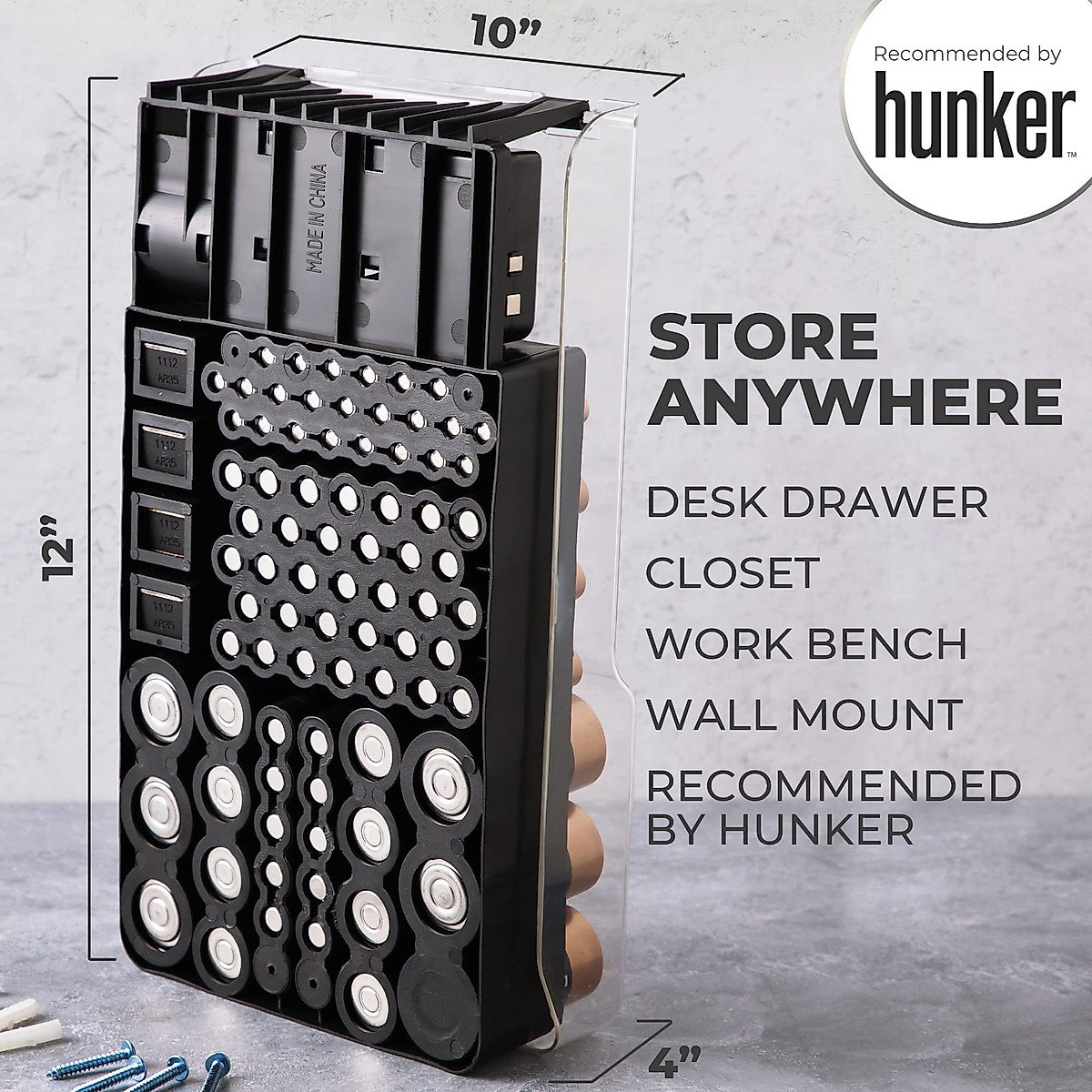 The Battery Organizer and Tester with Cover, Battery Storage Organizer and Case, Holds 93 Batteries of Various Sizes, Includes a Removable Battery Tester, Battery Holder for Garage Organization, White