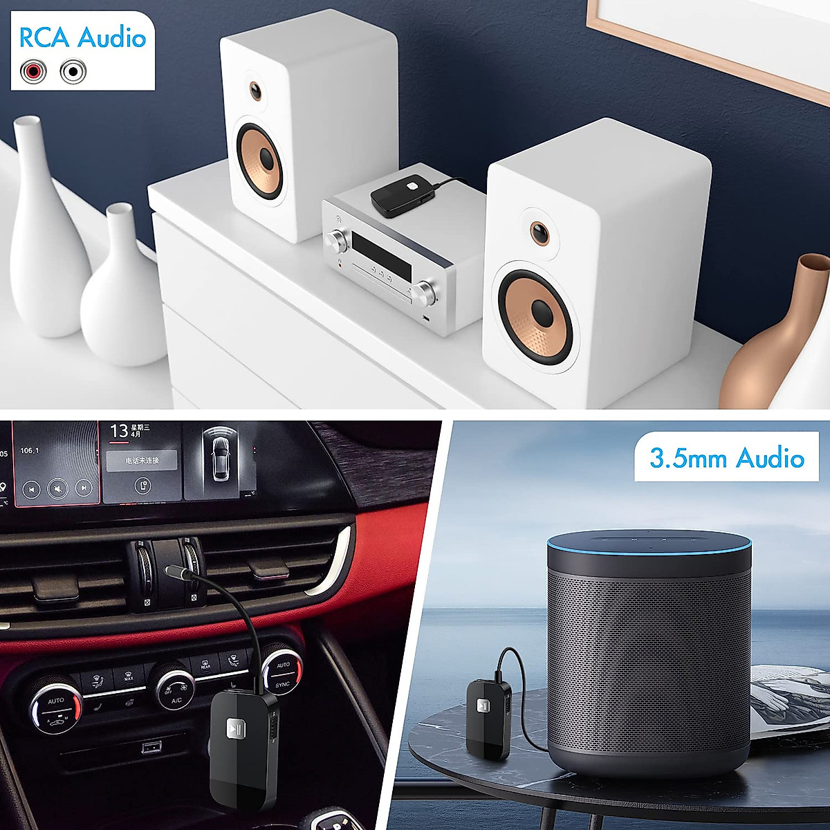 Giveet Bluetooth V5.3 Receiver for Home Stereo, Wireless Audio Adapter for Speaker/Home/Car Stereo Music Streaming Sound System, Support 3.5mm AUX RCA Jack, 20 Hours Playtime, Dual Devices Connection