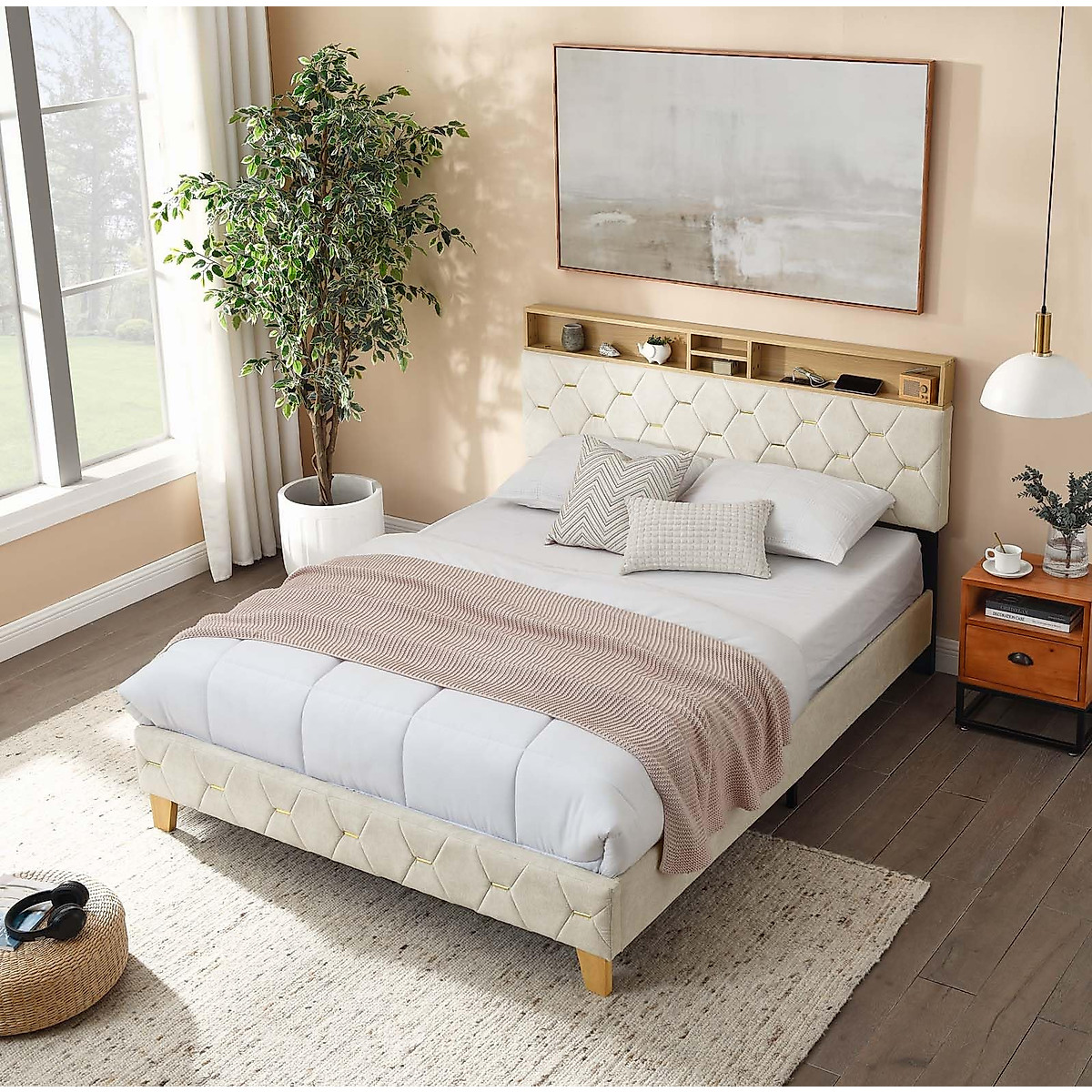 Queen Size Bed Frame with Shelf Storage & Upholstered Headboard, Upholstered Platform Bed Frame with USB Port, No Box Spring Needed, Sturdy Wood Slats for Family Bedroom Apartment (Beige, Queen)
