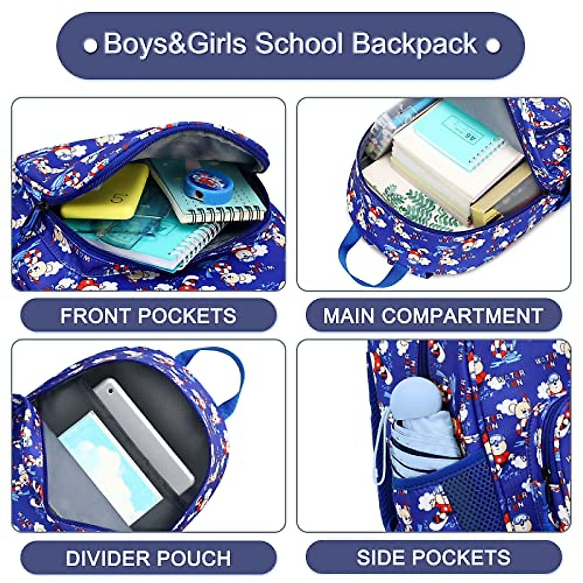 Toddler Kids Backpack For Girls Boys, 13.80" x 11.02" x 4.72" Unicorn Backpacks with Adjustable Padded Shoulder Straps For Age 3-6 (Blue Bear)