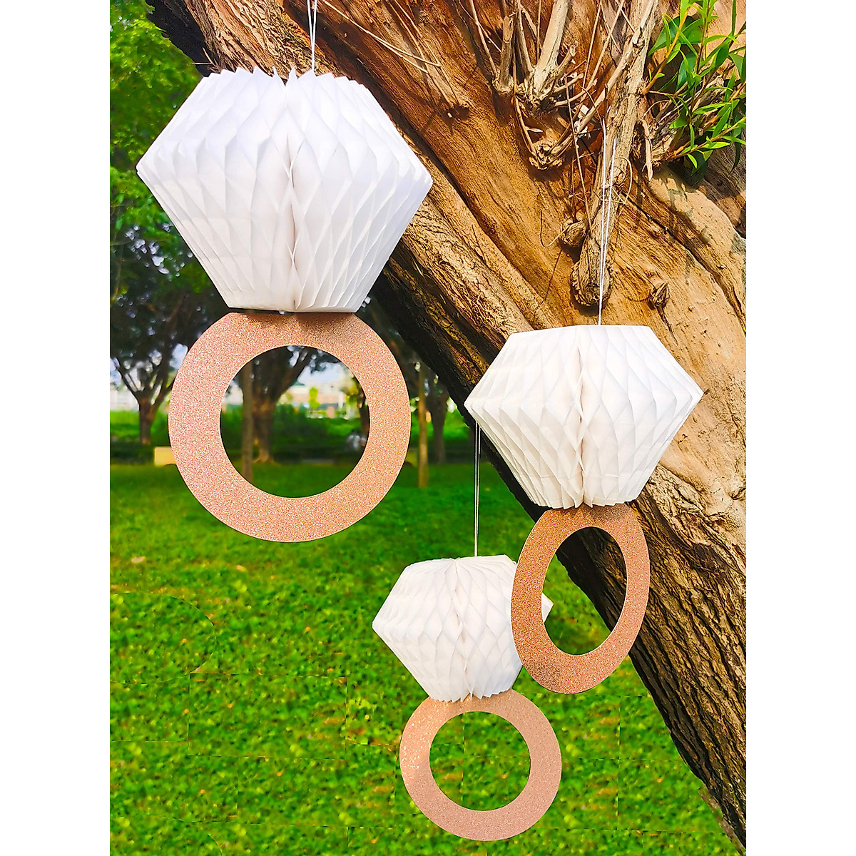 Engagement Party Decorations, Bridal Shower Supplies, Honeycomb Ring Hanging Decorations, Rose Gold Glitter Diamond Rings (3pcs), Engaged Diamond Rings Decorations for Engagement