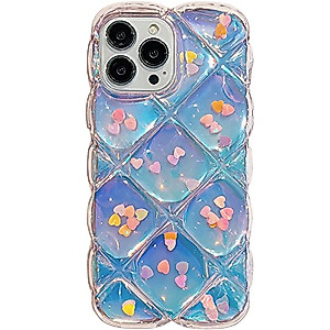 Qokey Compatible with iPhone 13 Pro Max Case,Cute Laser Gradual Bling Love Heart Glitter Clear+Translucent Card Soft Wave Frame Anti-Falling 3D Thick Shockproof Phone Cover(for 13 Pro Max 6.7)