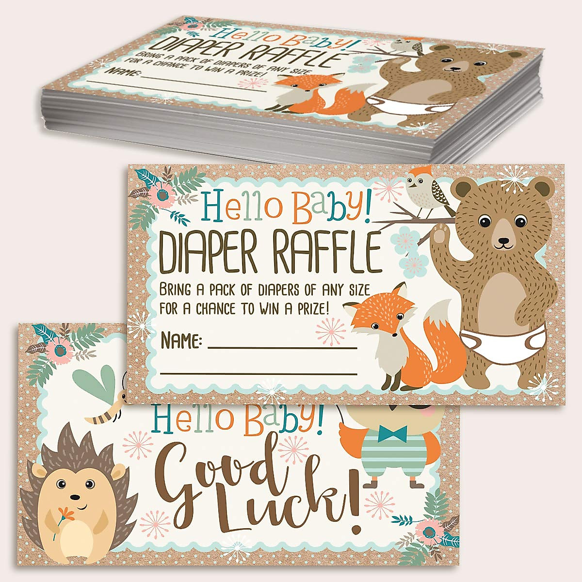 Diaper Raffle Tickets - Woodland Animals Card, Cute Fun Animals and Colorful Baby Shower Games Raffle Sign and Ticket, Gender Neutral, Baby Party Decorations, Set of 50 Double Sided Raffle Cards