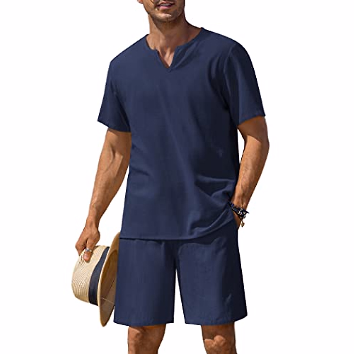 COOFANDY Men's 2 Pieces Short Sets Cotton Henley Shirts Short Sleeve Casual Beach Shorts Summer Yoga Outfits