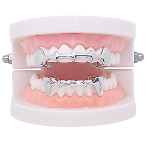 Huliyhus 18K Gold Plated Hip Hop Teeth Grillz Caps Top and Bottom Vampire Fangs Grills Set for Men Women Party Accessories Teeth Grills (03, Silver), One Size