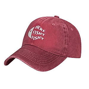 QVXHKP Funny Fishing Hat Here Fishy Fishy Fishy Hat Women Dad Hats Graphic Hat Red