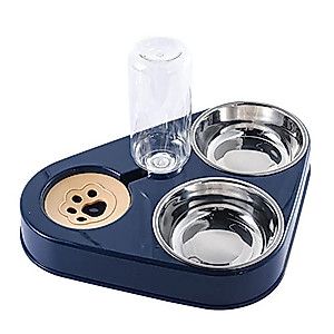 Dog Cat Double Bowl Food Water Feeder, 3 in 1 Pet Dog Feeder Bowl with 500ML Water Bottle,Automatic Water Storage,Anti-Tipping,Detachable,Cat Food Water Bowl Set (Blue)