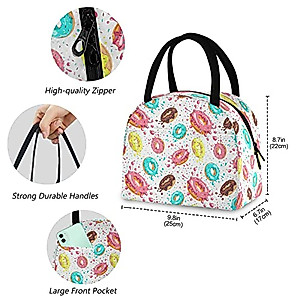 ZzWwR Cute Colorful Splashed Donuts Reusable Lunch Tote Bag with Front Pocket Zipper Closure Insulated Cooler Container Bag for Man Women Work Picnic Travel Beach Fishing