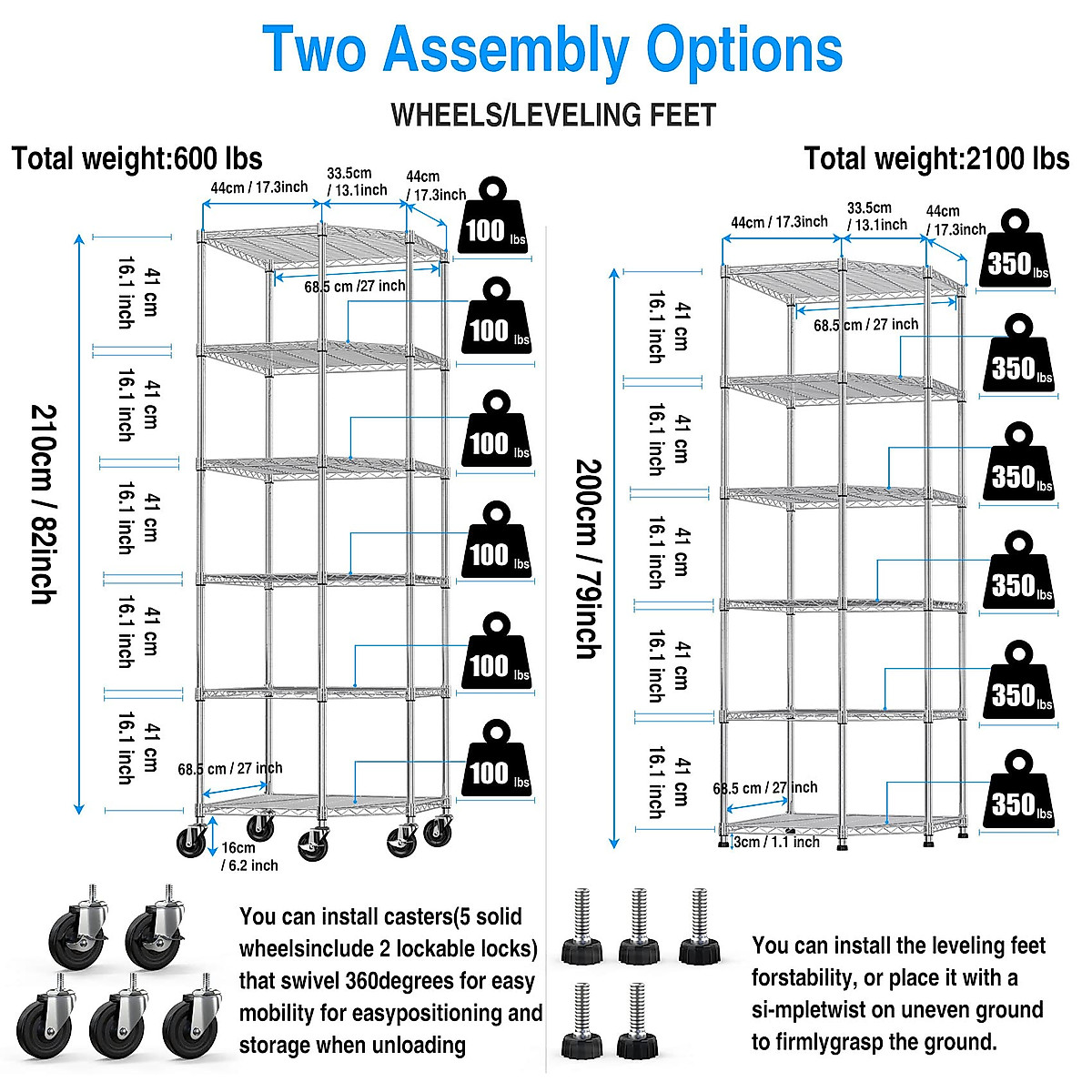 6 Tier NSF Metal Corner Shelf Wire Shelving Unit, 2100lbs Capacity Heavy Duty Adjustable Pentagonal Storage Rack with Wheels & Shelf Liners for Kitchen Garage Room Corner, 82"H x 27"L x 27"D - Chrome