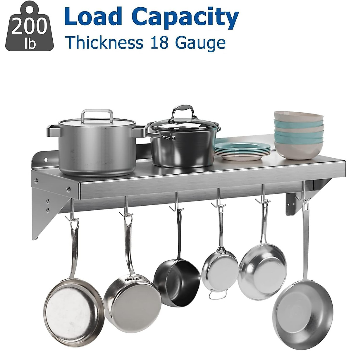 Garvee 2 Pack 12" x 36" Stainless Steel Wall Mount Shelf NSF Certified with 6 Hooks Metal Multifunctional Storage Rack with Backplash for Hanging Pots, Pans,cookware in Home and