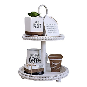GENMOUS Farmhouse Coffee Tiered Tray Decor Set Mini Items For Coffee Bar Set Up Decor, White Tiered Tray Decorations with Wood Book Stack, Coffee Table Sign, Wood Mini Riser For Coffee Bar Accessories