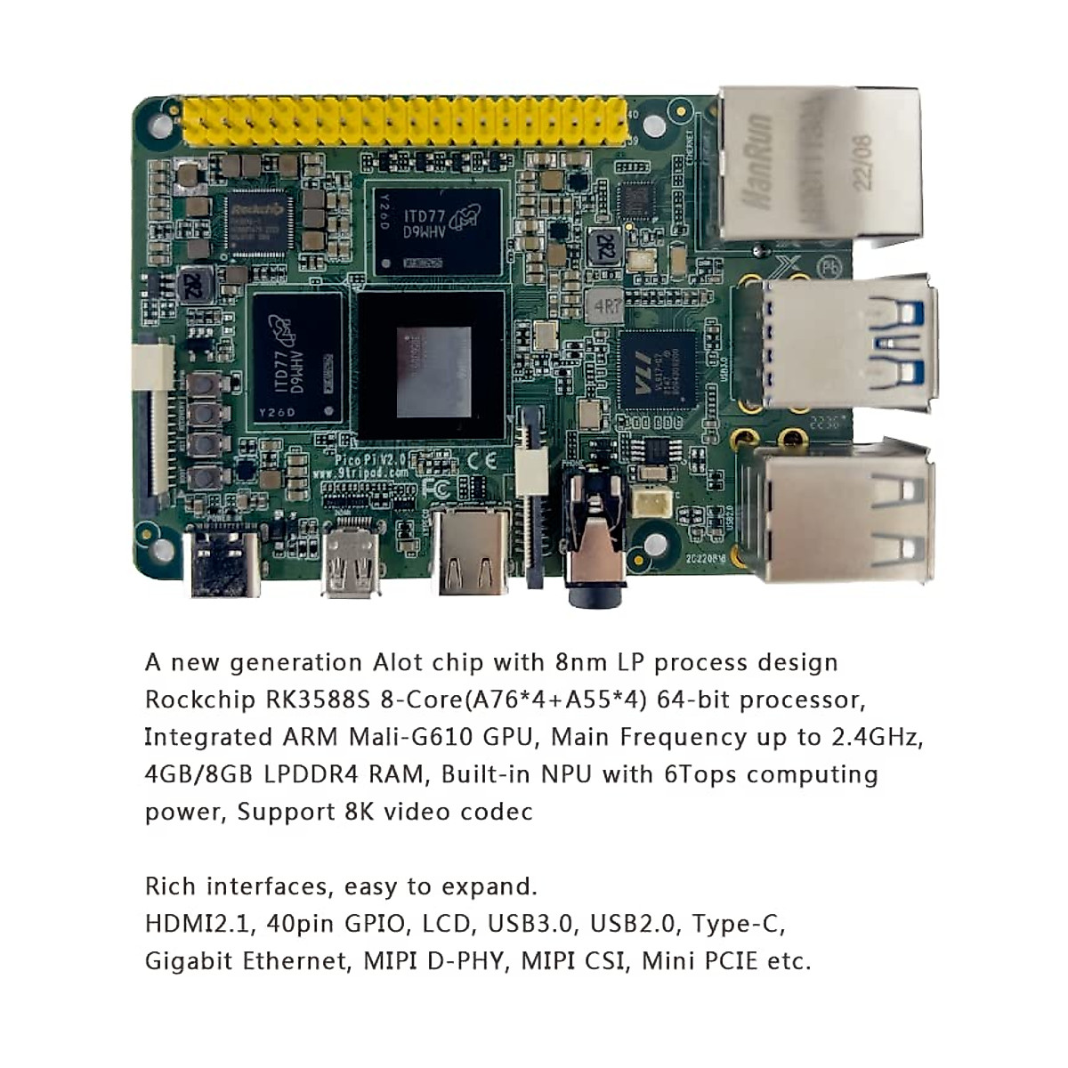 youyeetoo Pico Pi Single Board Computer, RK3588S SBC, 8GB LPDDR4 RAM, Raspberry Pi 4B+ Form Factor,Support Android 12/Linux/Ubuntu/Debian(Not inlucde Emmc)