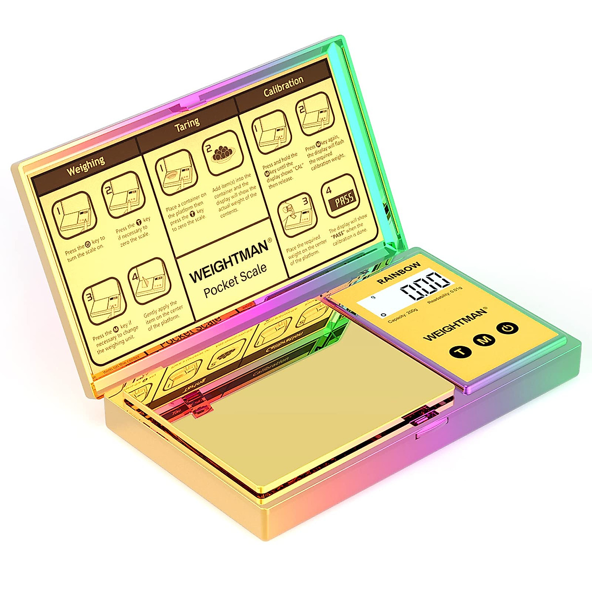 WEIGHTMAN Shiny Digital Gram Scale 200g x 0.01, Chrome Rainbow Mini Scale for Food Ounces and Grams, Iridescent Plating Pocket Scale, Small Jewelry Scale, Travel Scale, Backlit LCD, 6 Units