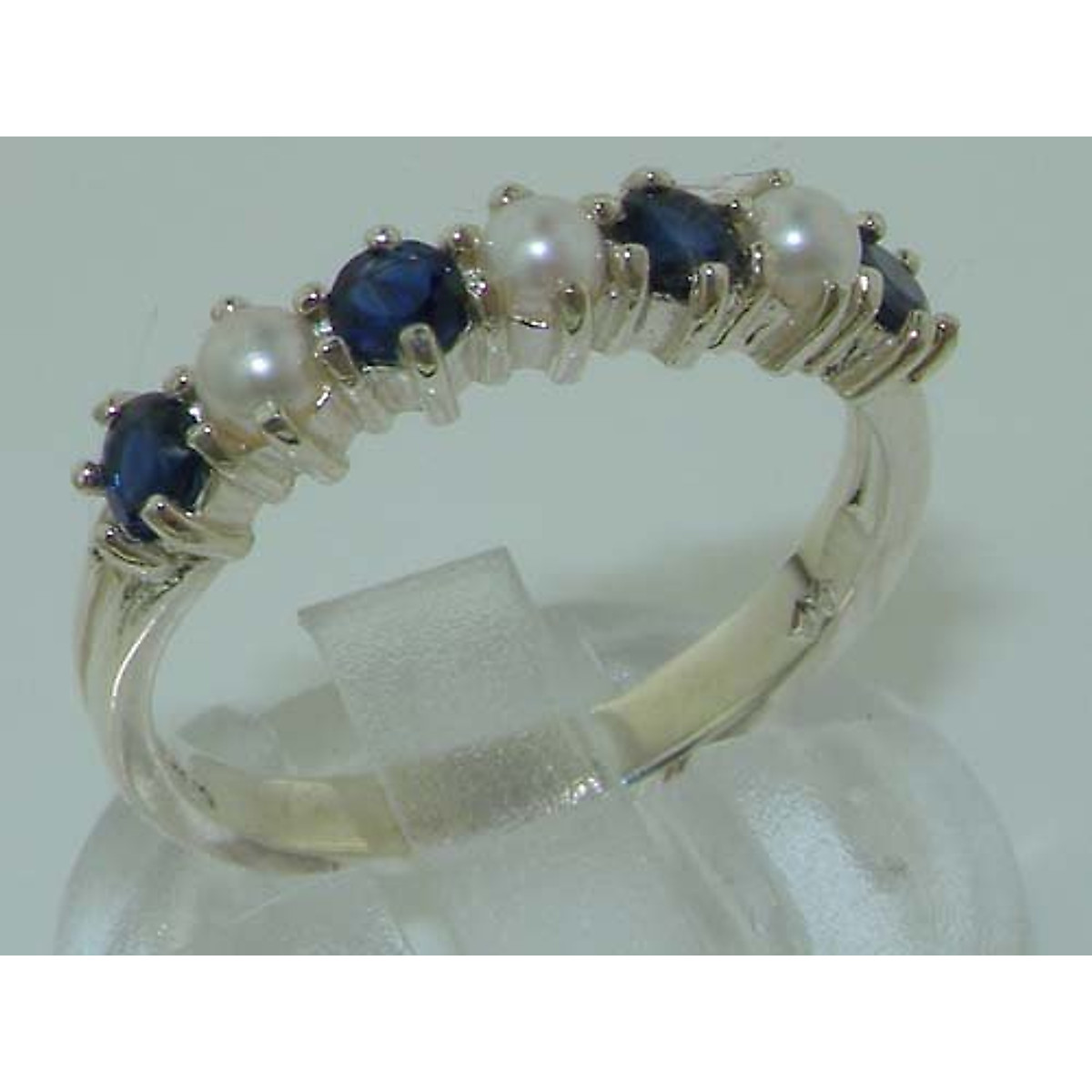 LetsBuyGold 925 Sterling Silver Cultured Pearl & Sapphire Womans Eternity Ring - Size 4