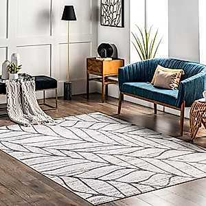 nuLOOM Lanette Abstract Leaves Machine Washable Ultra Thin Area Rug, 4' x 6', Light Grey