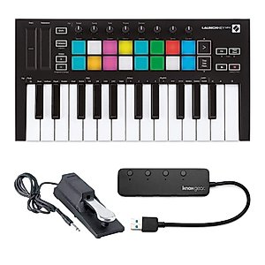 Novation Launchkey Mini MK3 25 Mini-Key MIDI Keyboard Bundle with Sustain Pedal and 4-Port 3.0 USB Hub (3 Items)