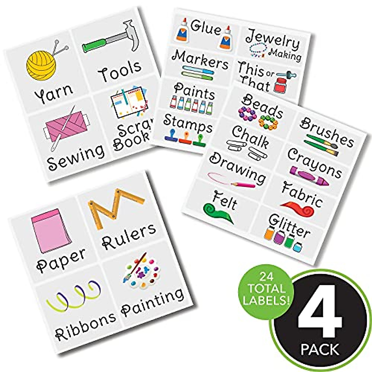 mDesign Home Organization Labels - Preprinted Label Stickers for Craft Room Storage and Cleaning - Household Organizing for Jars, Canisters, Containers, Bins, and Boxes - 24 Count - Clear/Black/Image
