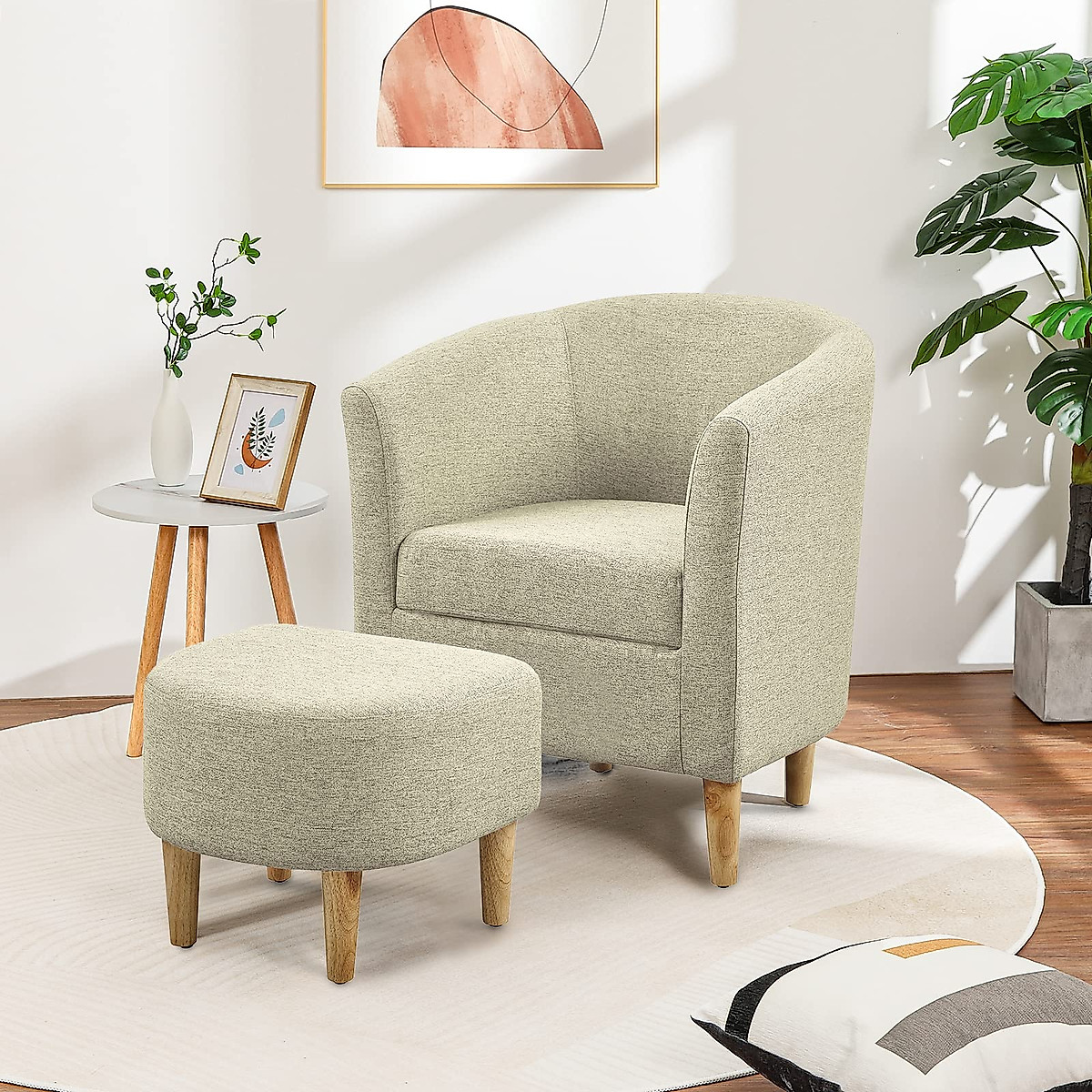 DAZONE Accent Chair Set of 2 Mid Century Modern Chair with Ottoman Comfy Armchair Footrest Set Comfortable Living Room Chairs Upholstered Barrel Club Tub Sofa Chair for Bedroom Reading Room Beige