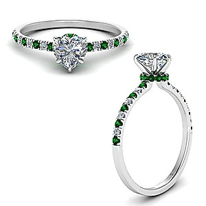 JewelryGift Hidden Halo Petite Diamond Ring 925 Sterling Silver Created Emerald Heart Shape Green Color Halo Engagement Rings Prong Setting in Size 11