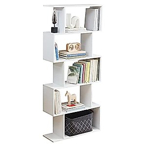 Sunon Geometric 5-Tier Bookshelf, Modern Bookshelf 5 Standing Shelves Bookcase S Shape Display Shelf and Room Divider, Unique Z Freestanding Decorative Storage Shelving Corner Bookcase for Bedroom