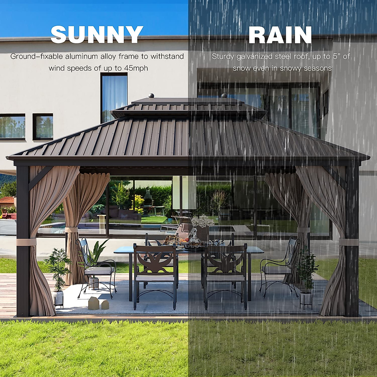 YOLENY 10' X 13' Hardtop Gazebo Galvanized Steel Outdoor Patio Gazebo Canopy Double Roof Pergolas Aluminum Frame with Netting and Curtains for Garden, Patio, Lawns, Parties