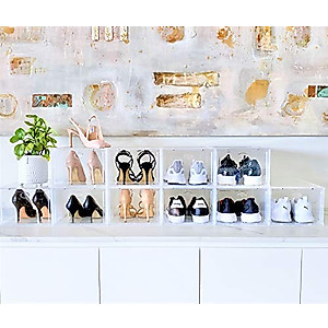 Drop Front Shoe Box, Set of 4, Stackable, for Men and Women - Clear, Plastic Shoes Storage Boxes for Sneaker, Heel, Sandal - space-saving closet organizer Shoe Container for shoe box organization