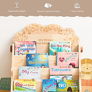 WOODEN TEETHER Kids Bookshelf Rubber Wood 5-Tier Montessori Bookshelf for Kids Durable Bookcase with Chalkboard & Storage Book Shelf Display Rack for Nursery Kids Room