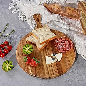 YSTKC Acacia Wood Round Cutting Board with Handle 16" x 12" Inch, Wooden Round Pizza Paddle, Cutting Serving Versatile Board for Kitchen Home Baking, Cheese, Fruits, Vegetables, Bread, Charcuterie