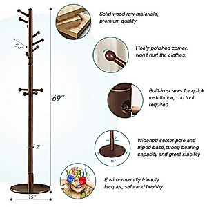 Vlush Sturdy Wooden Coat Rack Stand, Entryway Hall Tree Coat Tree with Solid Round Base for Hat,Clothes,Purse,Scarves,Handbags,Umbrella-(Dark Brown, 11 Hooks)