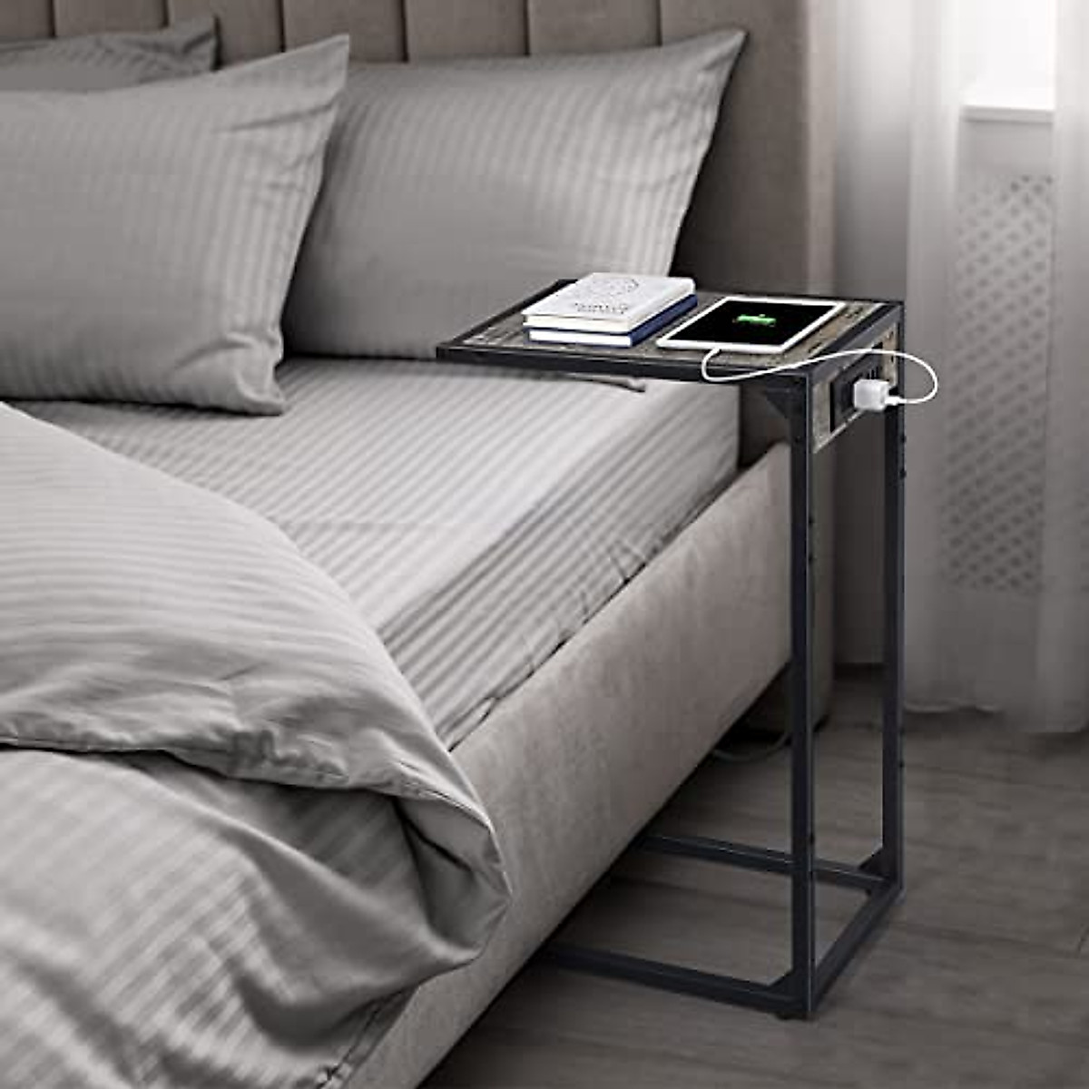 Set of 2 C Shaped End Table with Charging Station, Snack Side Table with Table with USB Ports & Power Outlets, C Tables for Couch, Couch Tables That Slide Under, for Living Room, Bedroom, Gray