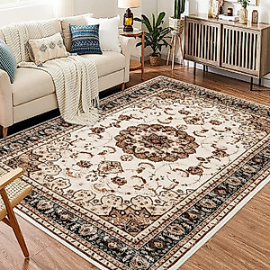 GarveeHome Washable Vintage 8x10 Area Rug for Living Room, 8x10 Traditional Oriental Medallion Floral Rugs for Bedroom, Stain Resistant Indoor Print Carpet for Dining Room Office, Beige Brown