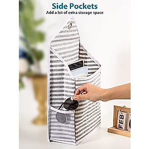 PARAKE Wall Hanging Storage Bag, 2 Pack Waterproof Hanging Organizer Bag for Bedroom, Large Pocket Organizer Basket with Side Pocket, 4 Sticky Hook, Hanging Bag for Bathroom Office, Grey White Stripes