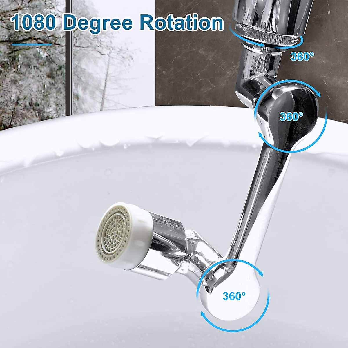 Faucet Extender 1080°Rotating Swivel, Sink Water Faucet Aerator Extension in Brass Swivel Robotic Arm for Bathroom Kitchen with 2 Water Flow Modes