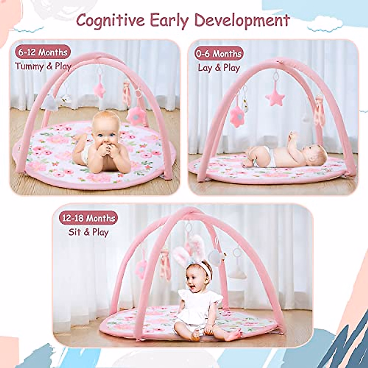 Baby Gym Infant Play Mat for Newborn Toddler Activity Gym Baby Play Gym with 5 Toys, Thicker Mat Washable