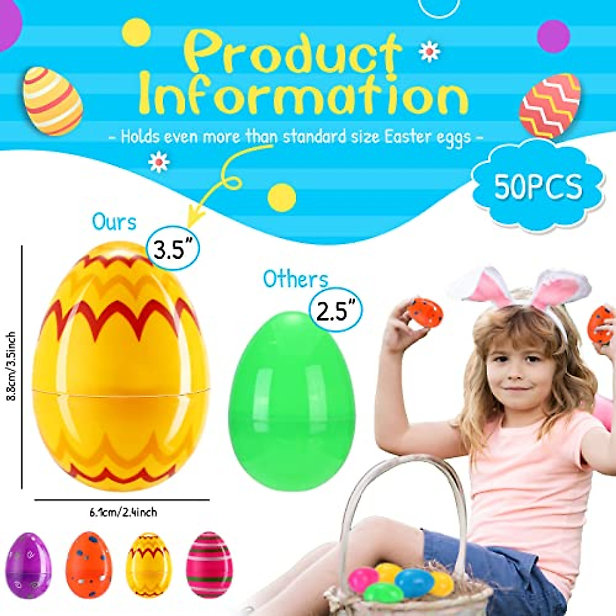50 Pcs 3.5 Inch Easter Eggs Printed Bright Eggs Fillable Plastic Easter Eggs Easter Basket Stuffers Bulk Colorful Eggs for Easter Egg Hunting Games Kids Boys Girls Party Stocking Fillers, 4 Styles