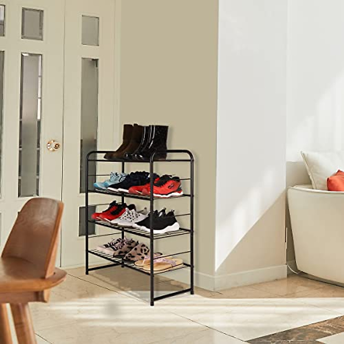 REGILLER 4-Tier Stackable Shoe Rack, Expandable & Adjustable Shoe Organizer Storage Shelf, High Capacity, Wire Grid, Black