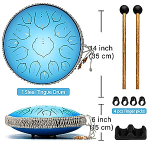 Steel Tongue Drum - 15 Note 14 Inch Tongue Drum - Tongue Drum Instrument - Hand Pan Drums with Music Book, Steel Handpan Drum Mallets and Carry Bag, D Major