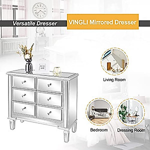 VINGLI Mirrored Dresser for Bedroom with 6 Storage Drawer Modern Chest of Drawers, Silver, 32”L x 12”W x 28”H