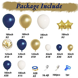 146pcs Navy Blue and Gold Balloon Garland Arch Kit, Royal Blue White Metallic Gold Confetti Mixed Sizes Balloons for Graduation Anniversary Baby Shower Wedding Birthday Party Decorations