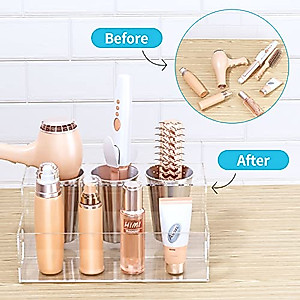HIIMIEI Hair Tools Organizer Clear Acrylic Hair Dryer Holder Countertop Blow Dryer Stand Storage for Vanity Bathroom with 3 Cups