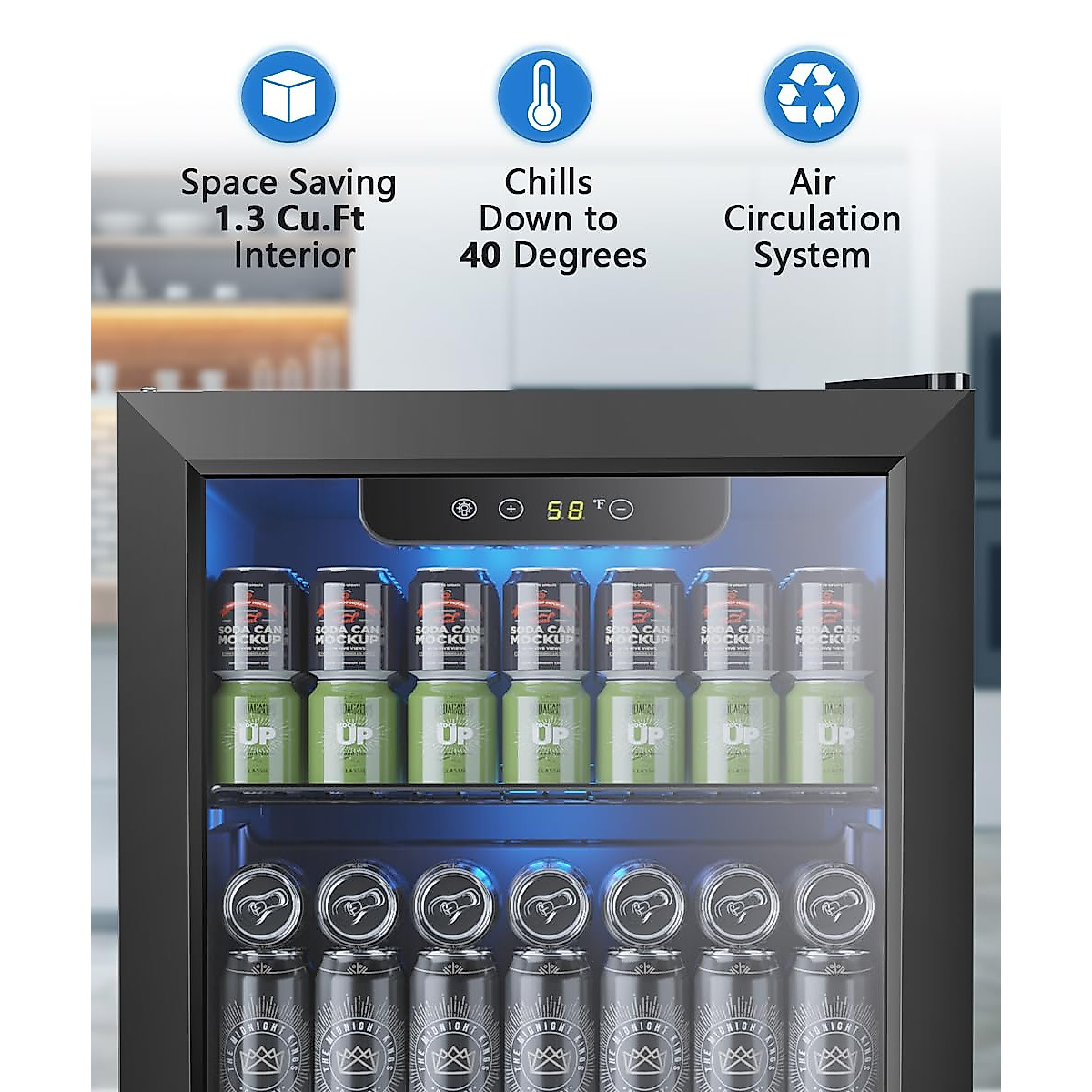 Joy Pebble Beverage Refrigerator Cooler 1.3 Cu.Ft, 12 Bottle 55 Can - Mini Fridge with Glass Door for Beer Drinks Wines,Freestanding beverage fridge with Adjustable Shelving