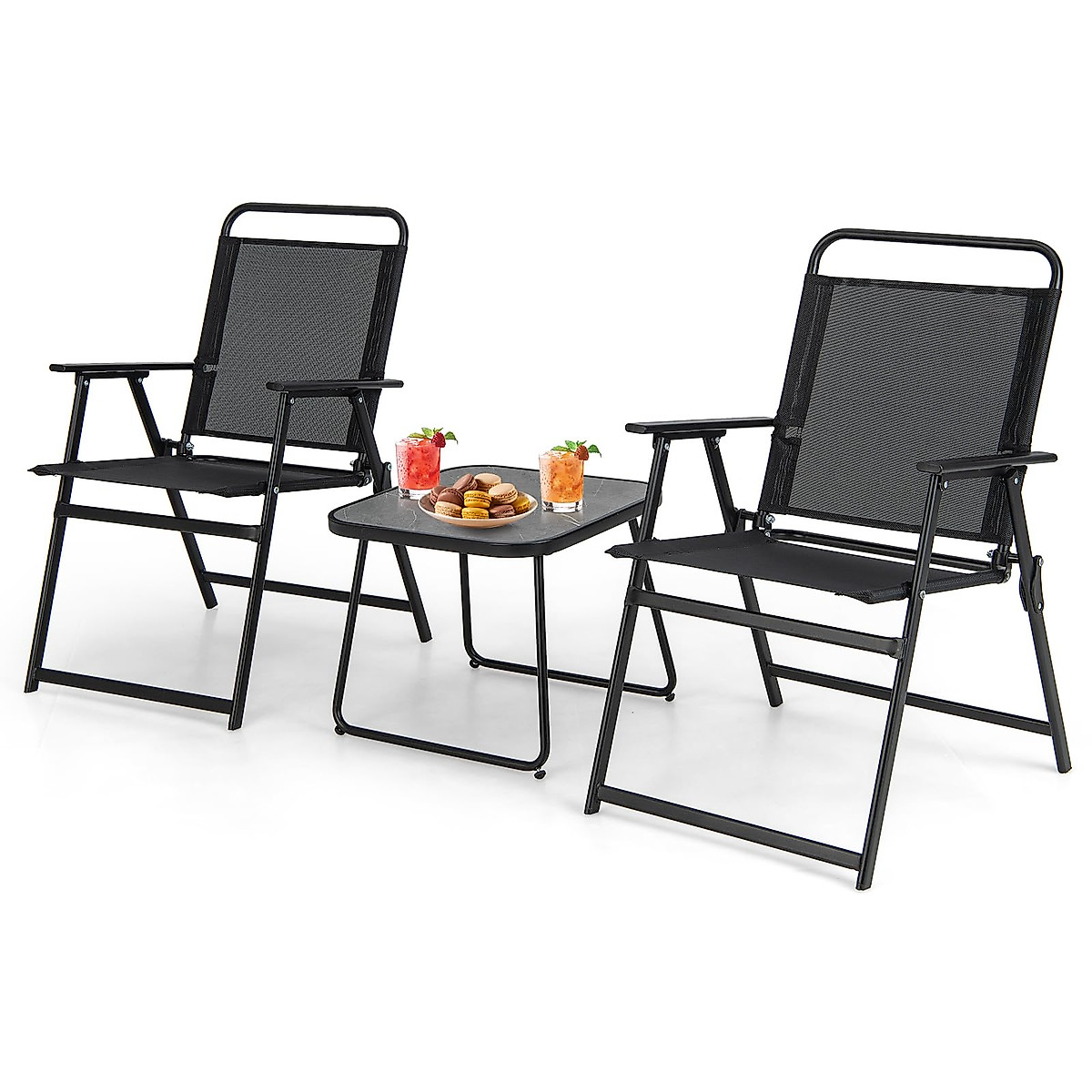 Tangkula 3 Piece Patio Folding Bistro Set, 2 Folding Chairs with Coffee Table, Breathable Fabric & Heavy-Duty Metal Frame, Outdoor Portable Folding Chair Set for Backyard, Poolside, Balcony (Black)