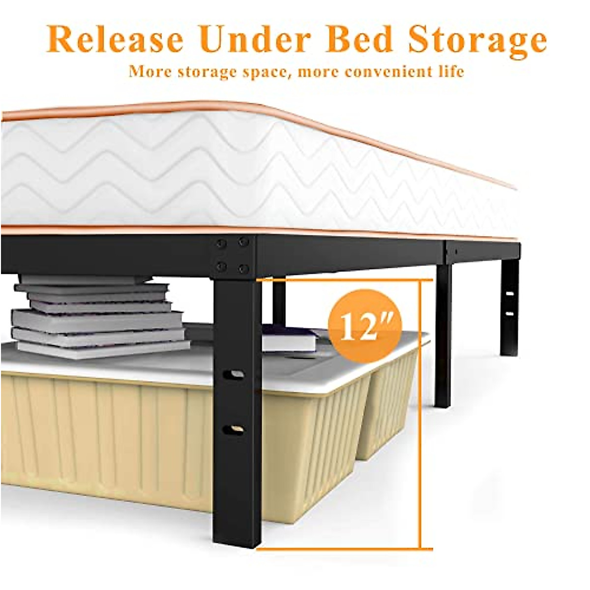 HISKIWUU Platform Bed Frame Queen Size Heavy Duty 3500lbs 14 Inches,Metal Bed Frame Queen Size Easy Assembly Anti-Slip Noise Free,Queen Size Bed Frame No Box Spring Needed,Under Bed Storage,Black