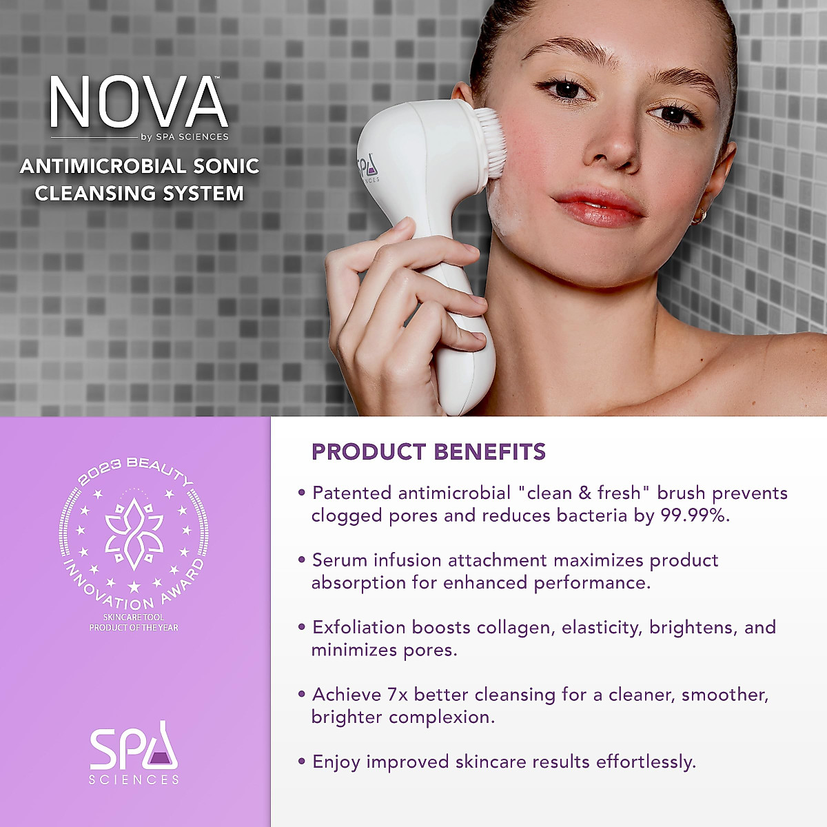 Spa Sciences - NOVA - Cleansing Brush with Bristles & Infusion System – Anti-Aging Facial Exfoliating, Waterproof, and USB Rechargeable