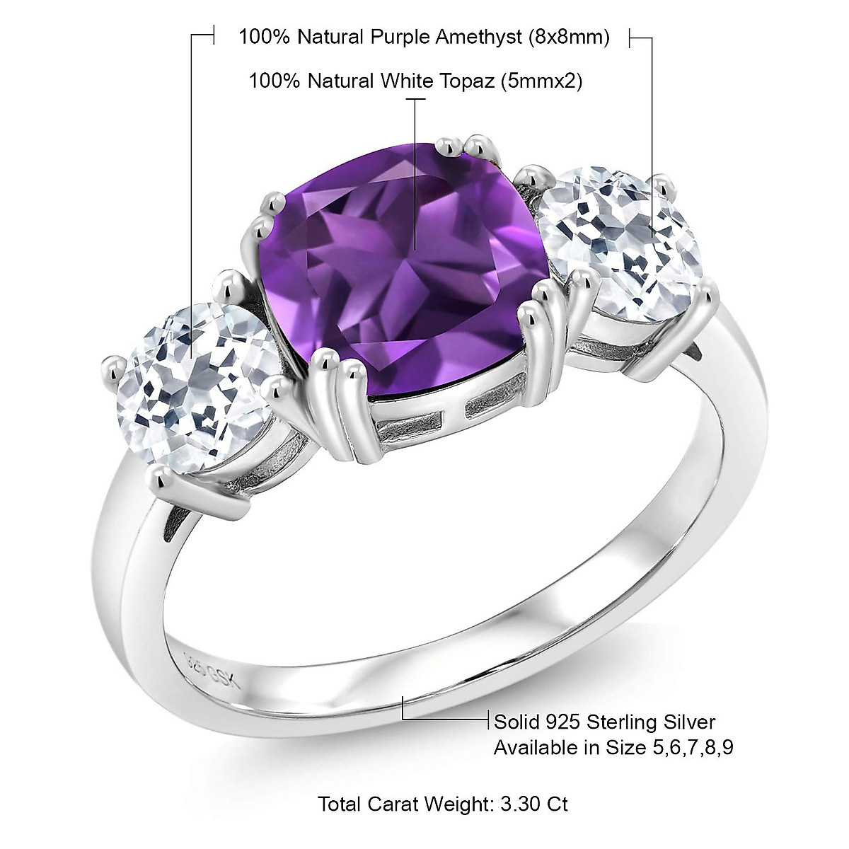 Gem Stone King 925 Sterling Silver Purple Amethyst and White Topaz 3 Stone Engagement Ring For Women (3.30 Cttw, Gemstone February Birthstone, Cushion 8MM, Size 9)