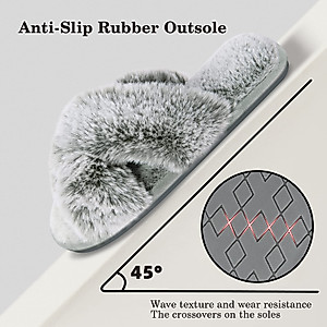 Cozyfurry Womens Cross Band Slippers Cozy Furry Fuzzy House Slippers Open Toe Fluffy Indoor Shoes Outdoor Slip on Warm Breathable Anti-skid Sole Tip Grey 9-10 L
